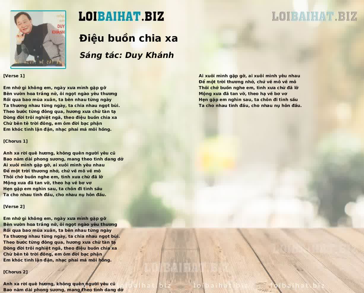 Lời bài hát Điệu buồn chia xa- Loi bai hat Dieu buon chia xa